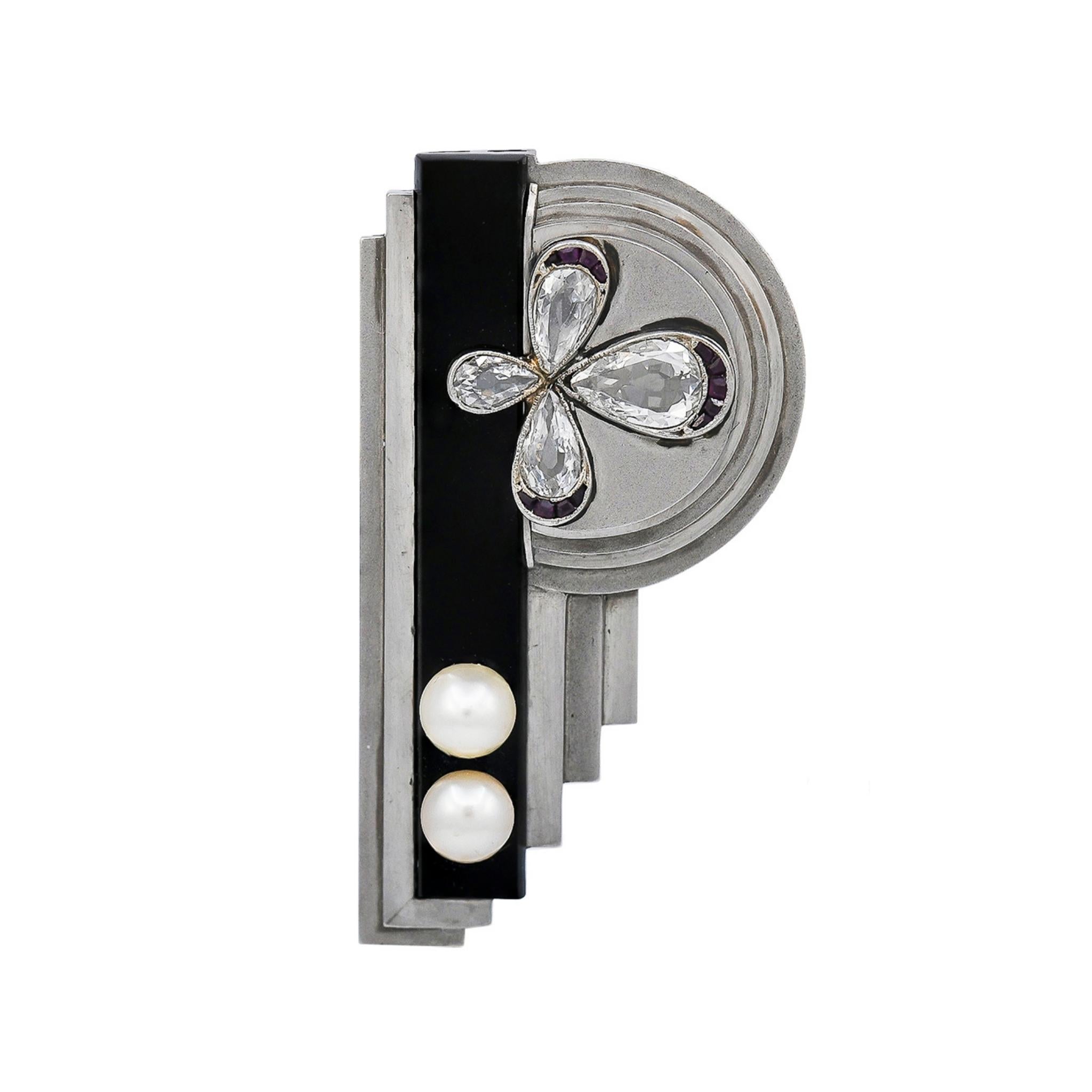 Art Deco Pearl Onyx Diamond "P" Brooch – Pamela Lipkin Collection